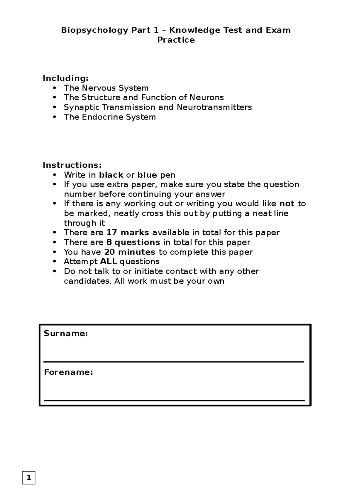 Biopsychology Part 1 Test - AQA A Level Psych AO1 Exam Practice - Studocu