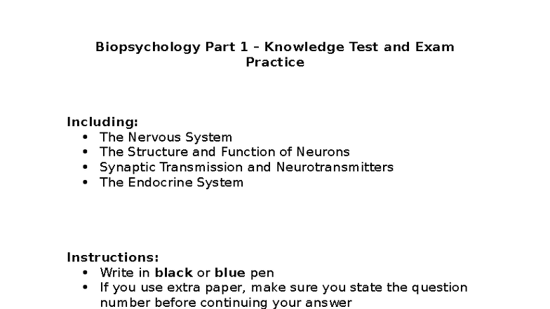 Biopsychology Part 1 Test - AQA A Level Psych AO1 Exam Practice - Studocu