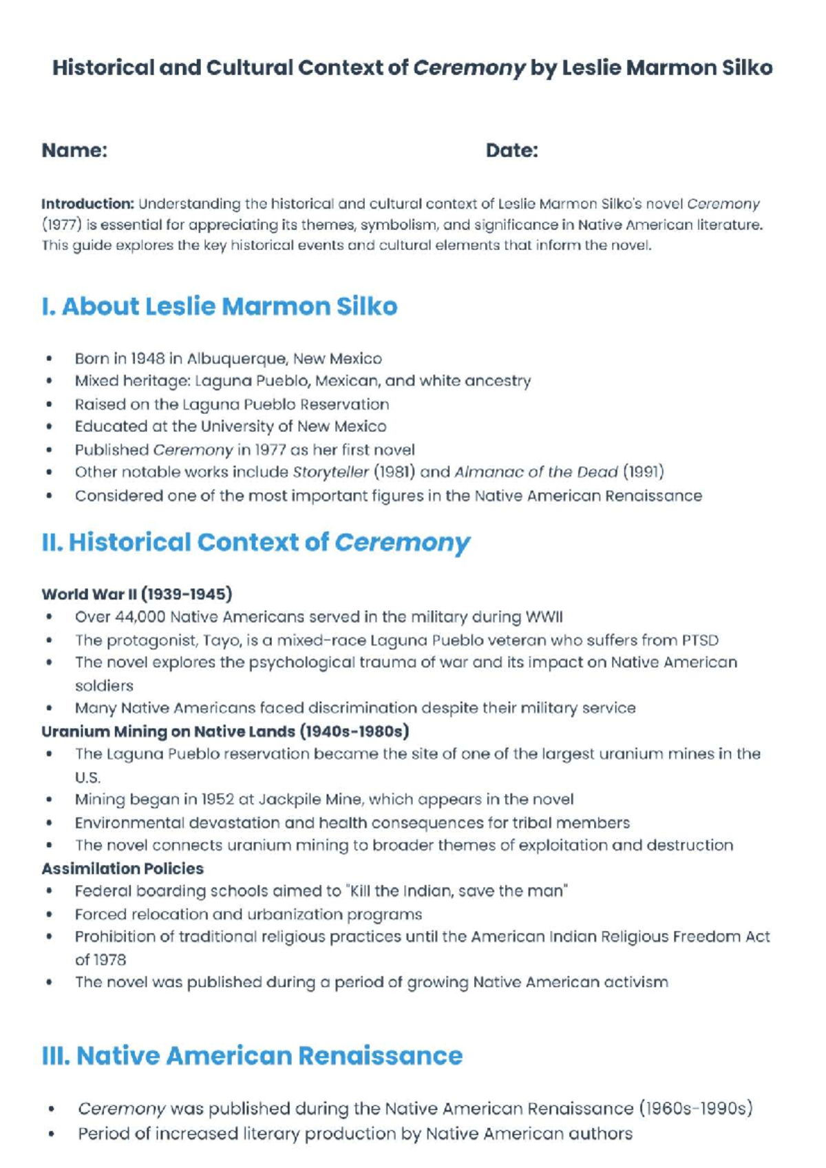 Historical & Cultural Context of 'Ceremony' (ENG 101) - Studocu