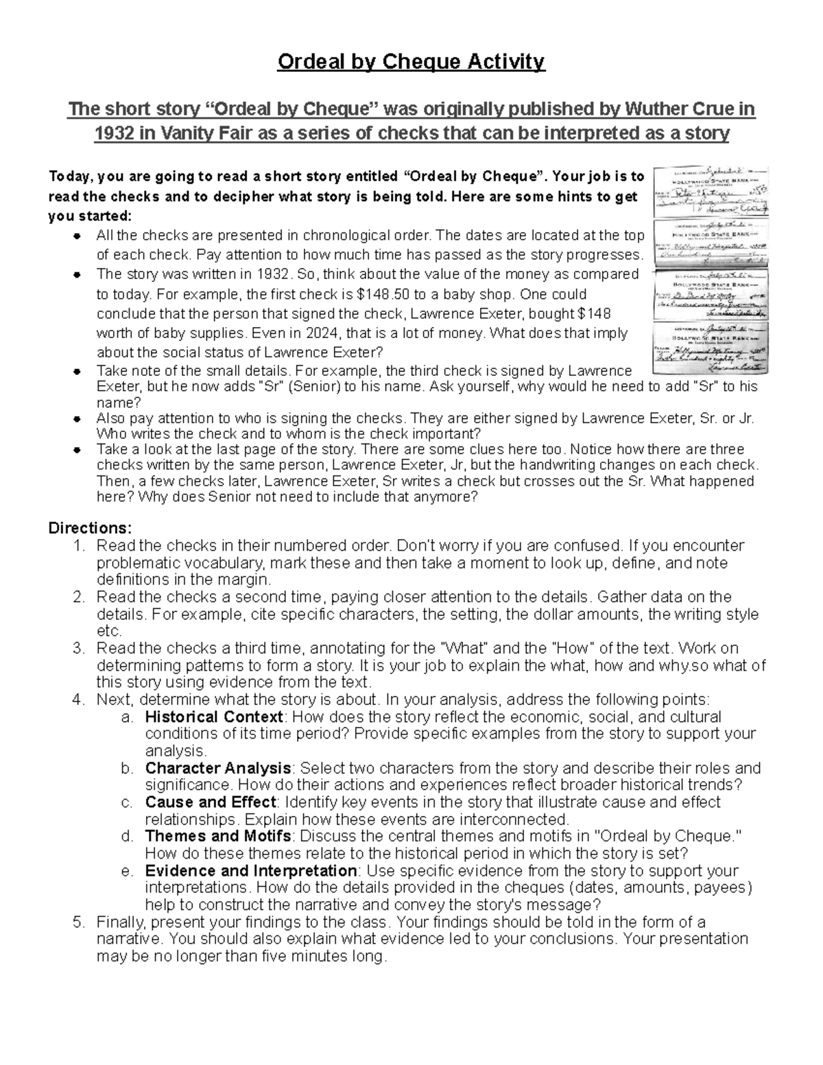 Ordeal by Cheque Activity: Analyzing Wuther Crue's 1932 Story - Studocu