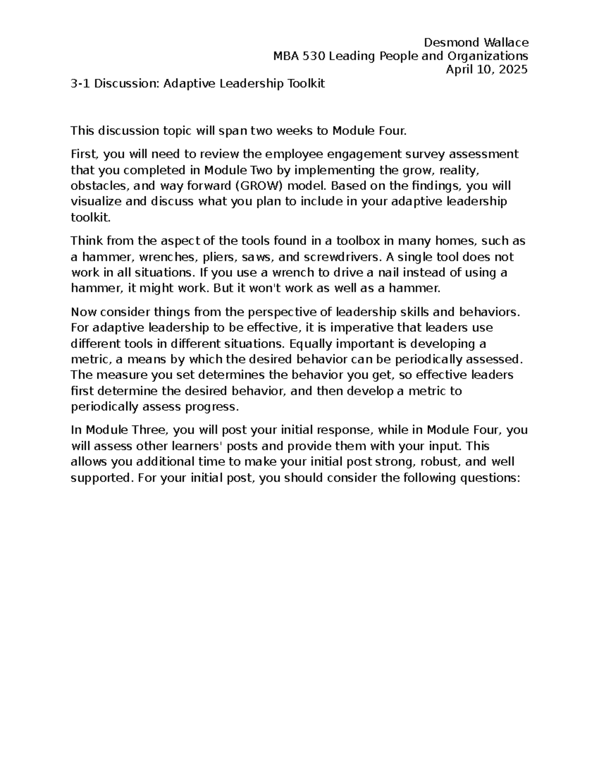 MBA 530 Discussion: Adaptive Leadership Toolkit Insights - Studocu