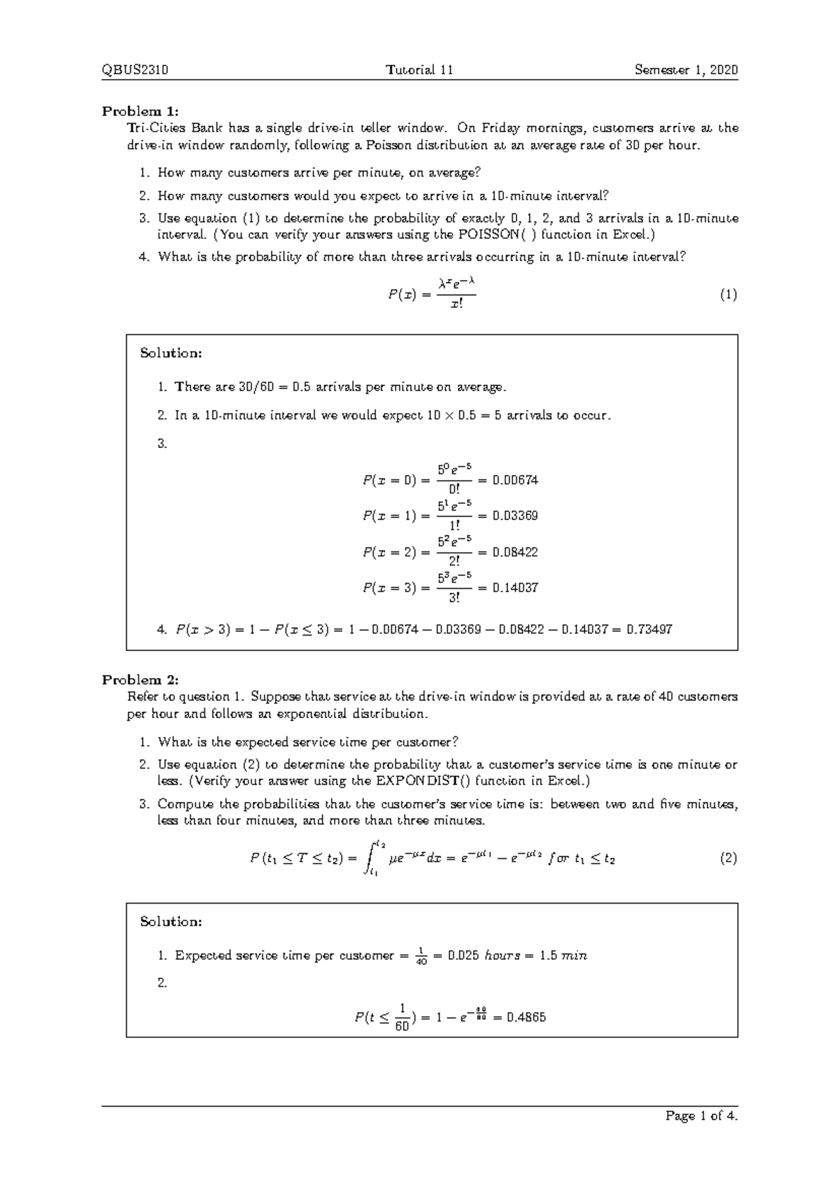 Tutorial 11 W12 - Poisson Distribution & Service Rate Solutions - Studocu