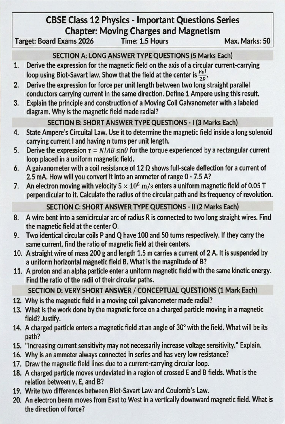 CBSE Class 12 Physics Important Questions: Moving Charges & Magnetism ...