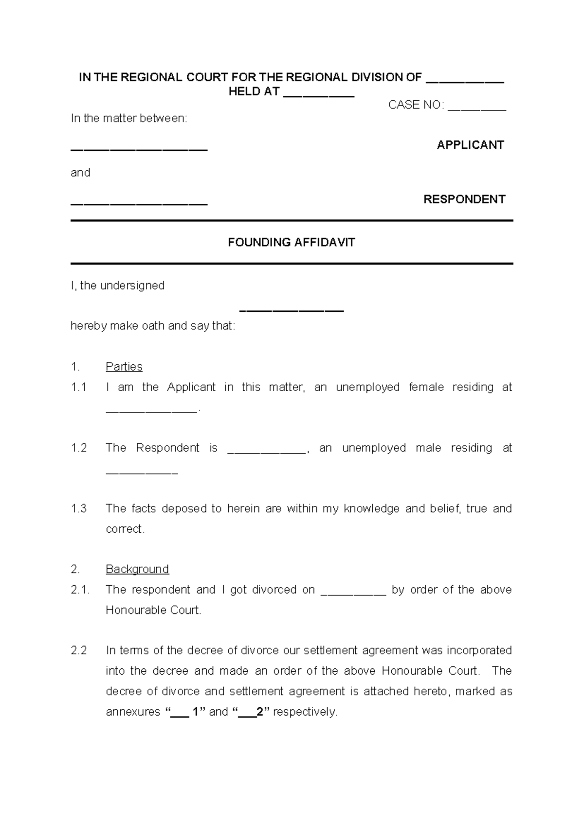 Founding Affidavit for Liquidator Appointment in Case No: [Insert Case ...
