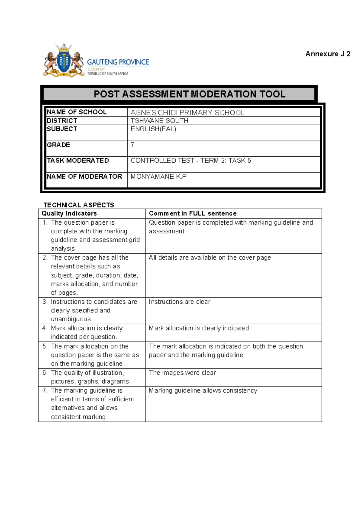Annexure J2: Post Assessment Moderation Tool for Grade 7 English (FAL ...