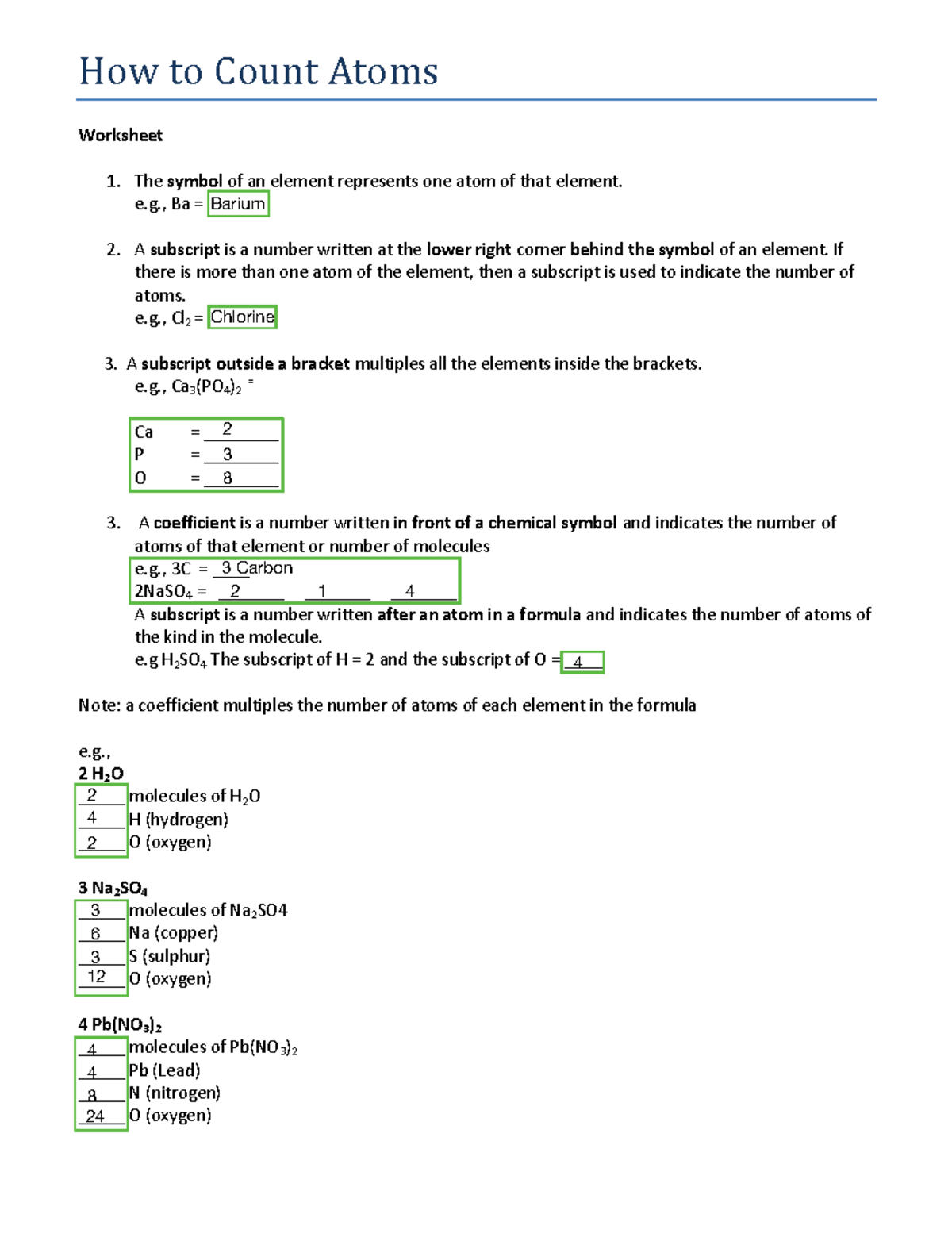 Counting Atoms Worksheet 1: Understanding Elements & Compounds - Studocu
