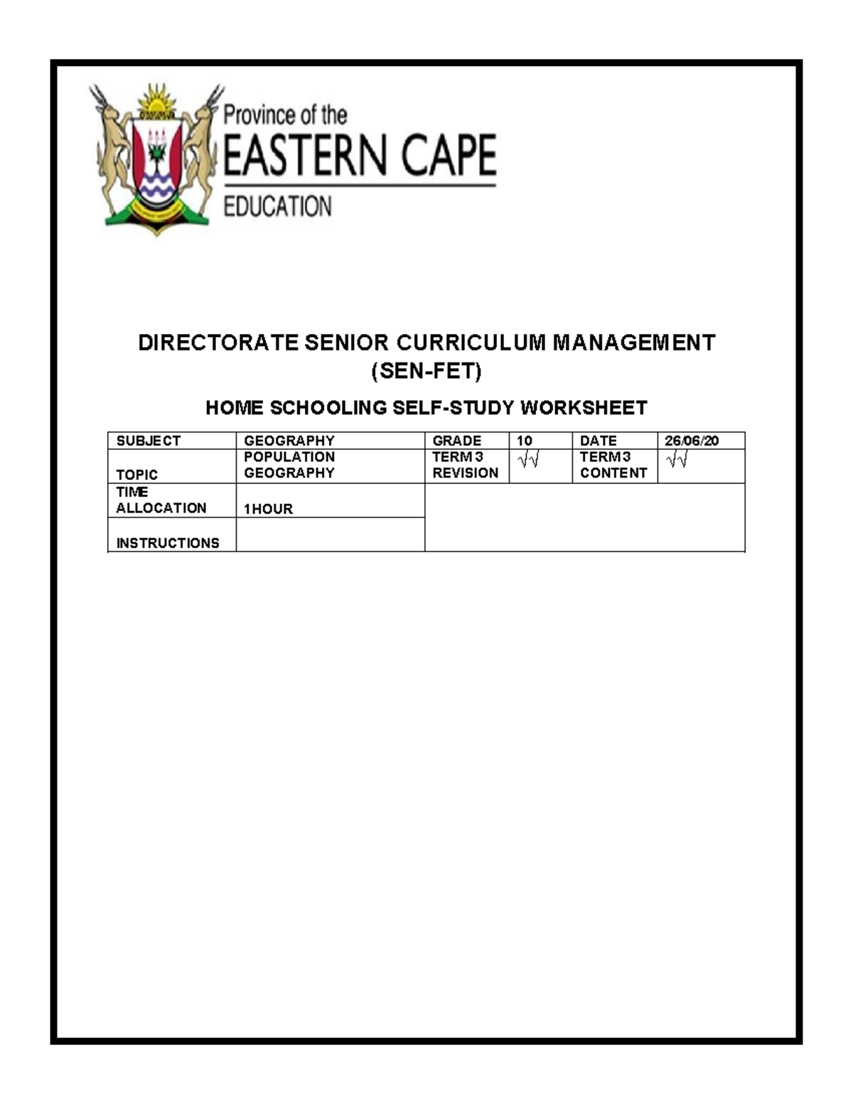 Geography Grade 10 Term 3 Revision Worksheet: Population Geography ...