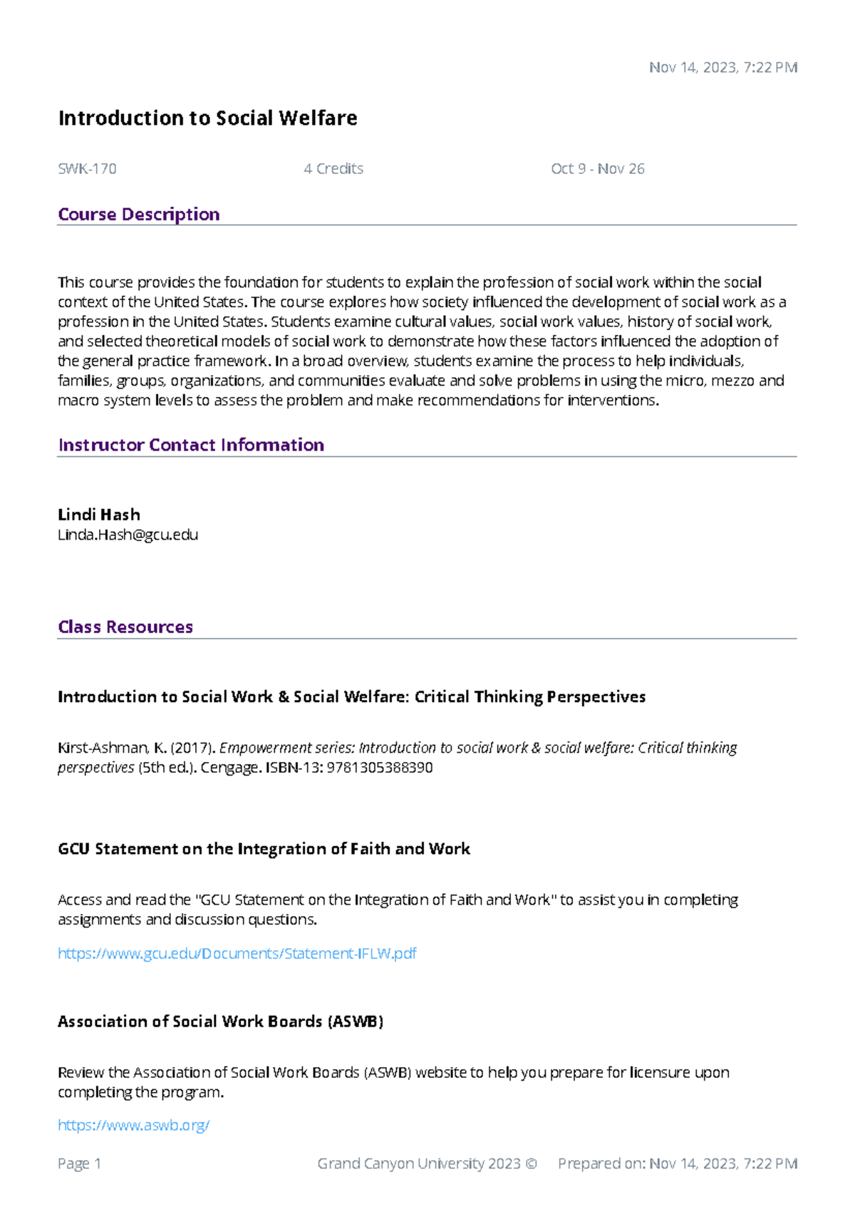 Syllabus SWK-170: Introduction to Social Welfare (Oct 9 - Nov 26) - Studocu