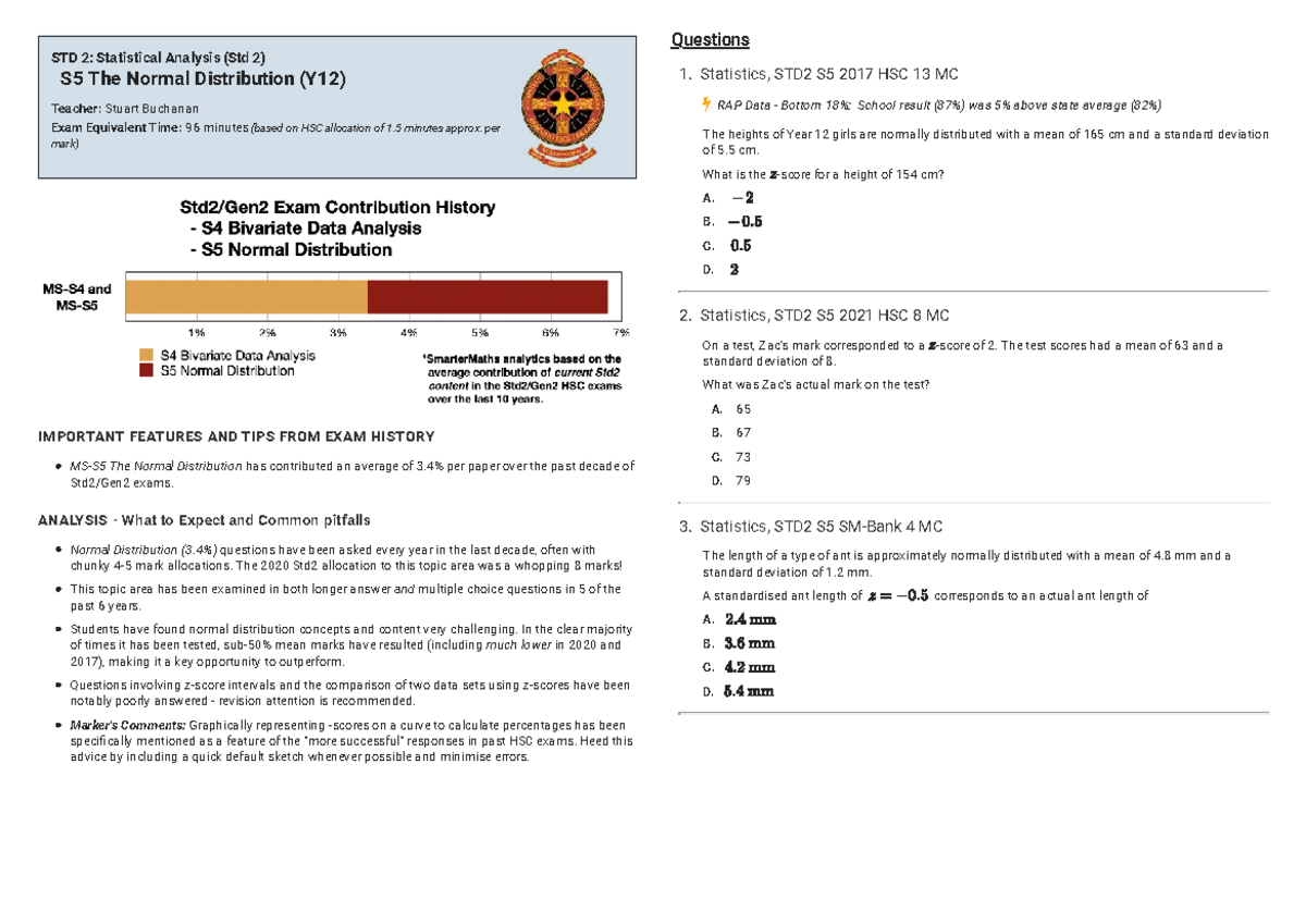 Normal Distribution: Past HSC Questions for Statistics STD2 S5 - Studocu