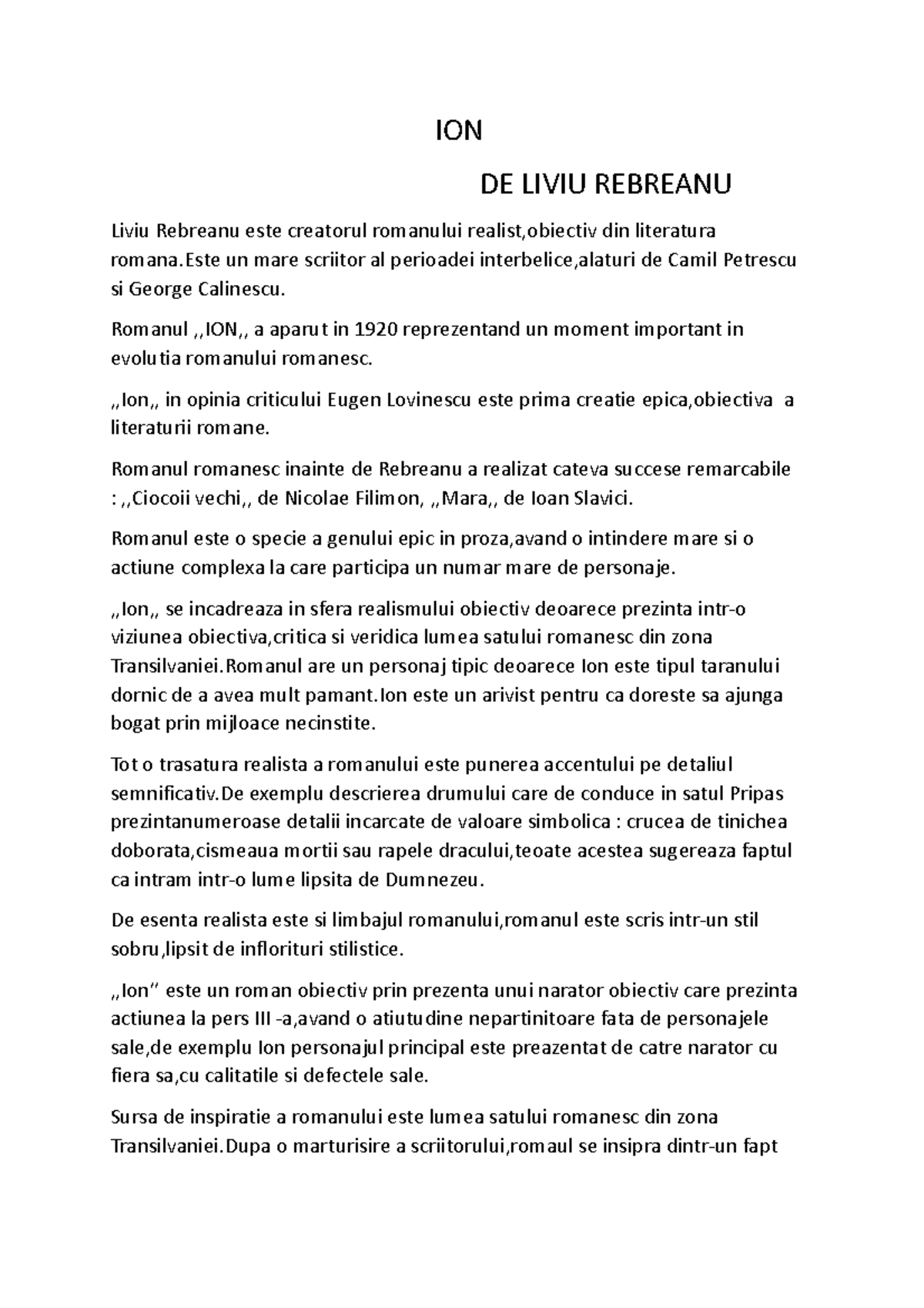 Eseu Bacalaureat - Analiza Romanului "Ion" de Liviu Rebreanu - Studocu