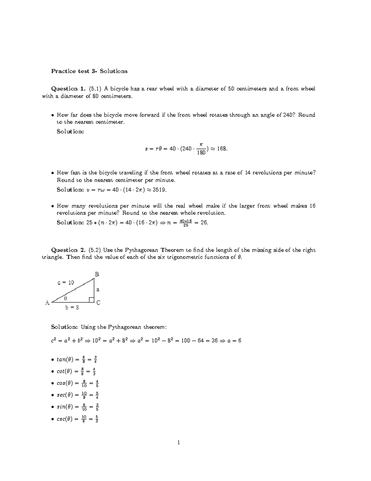 Practice Test 3 Solutions: Geometry and Trigonometry Problems - Studocu