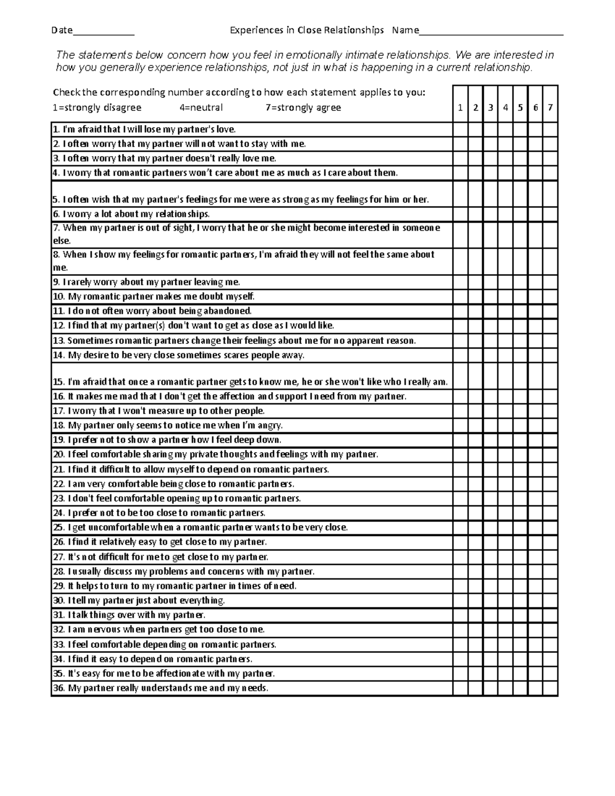 ECR-R Questionnaire: Scoring and Attachment Styles Insights - Studocu