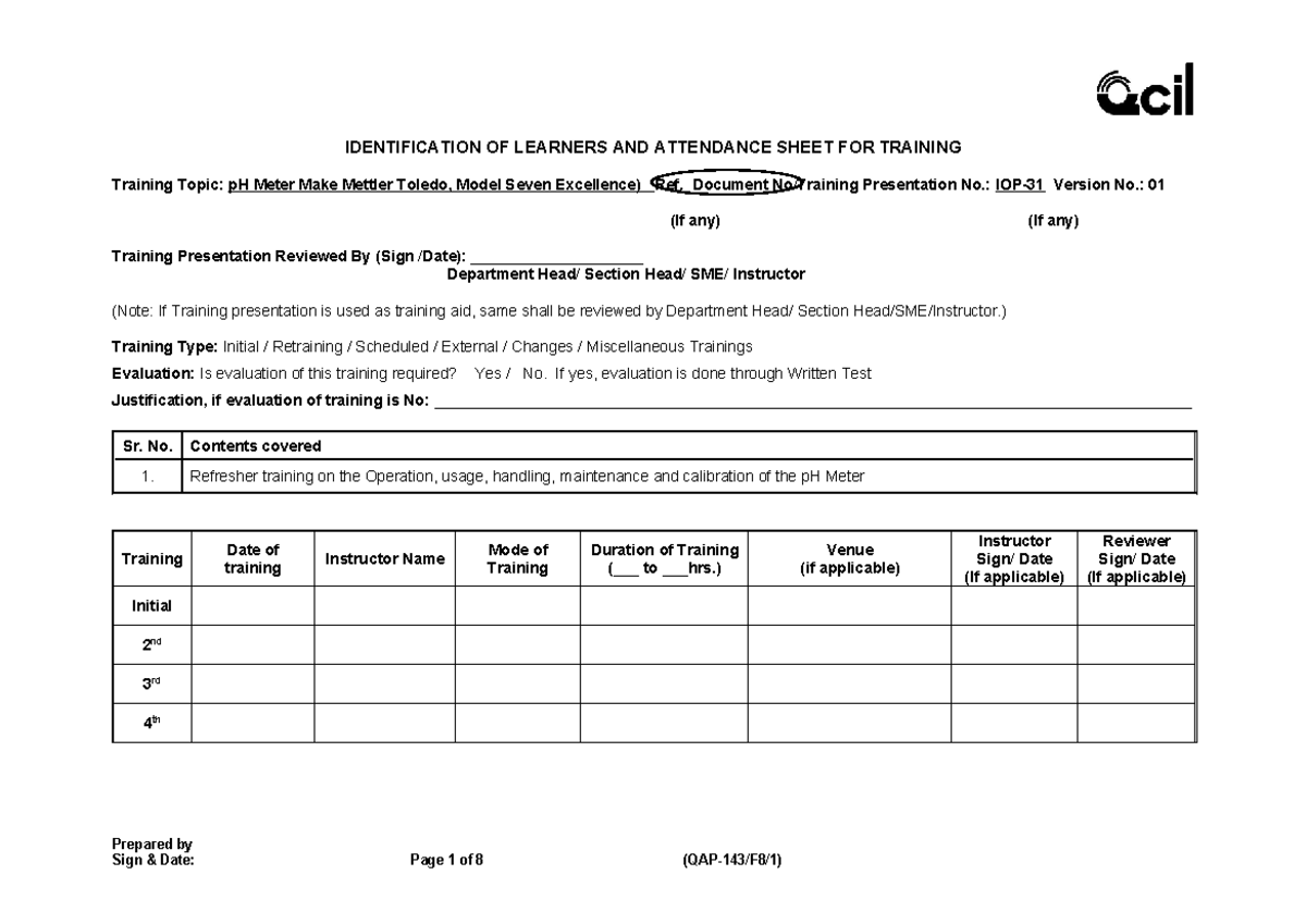 pH Meter Training Attendance Sheet - Mettler Toledo Model 7 Excellence ...
