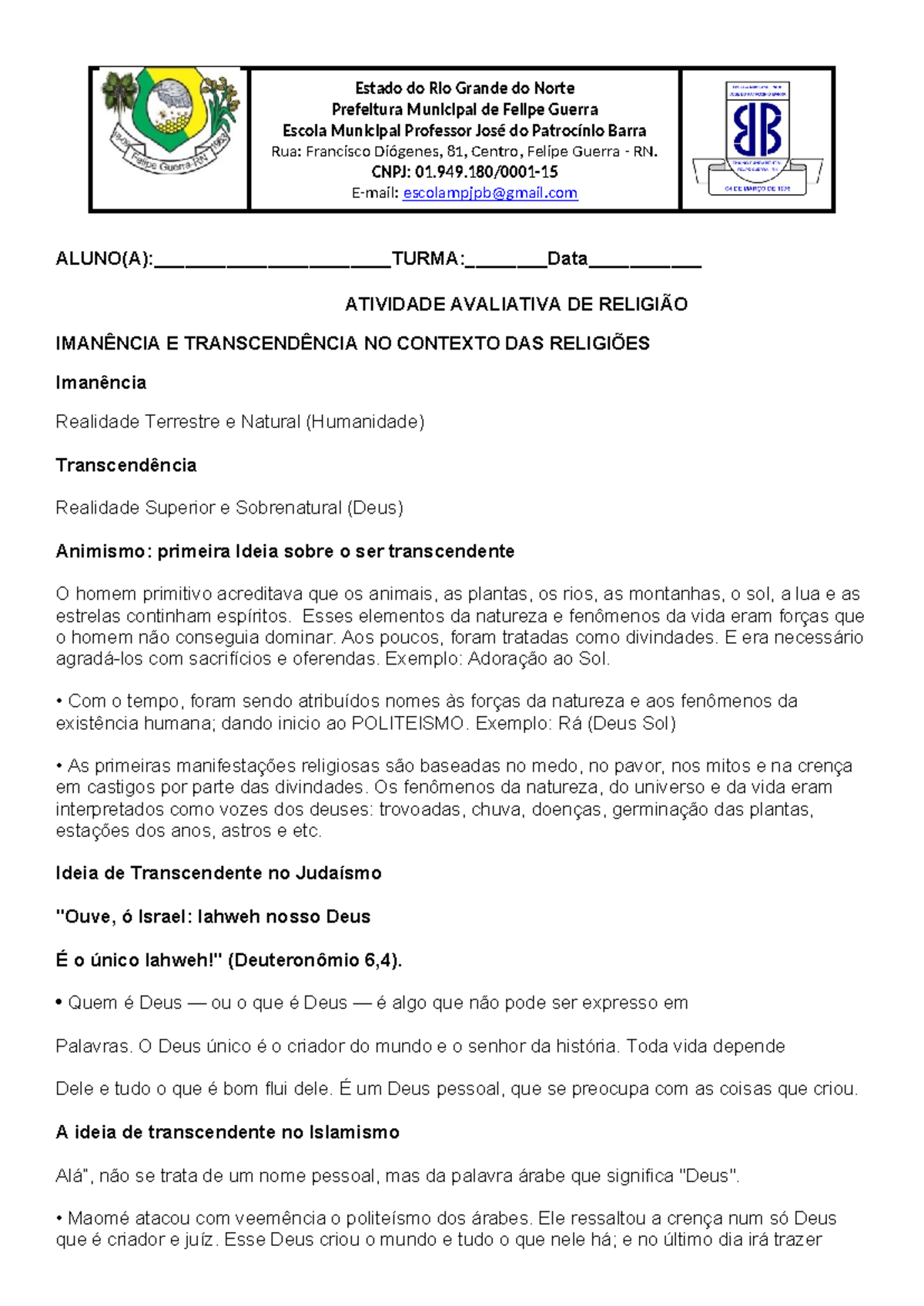 Atividade Avaliativa de Religião 9°: Imanência e Transcendência - Studocu