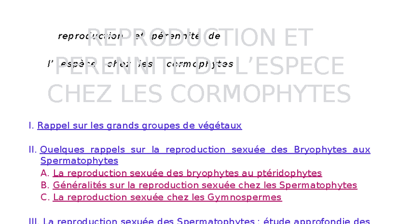 Reproduction et Pérennité des Cormophytes : Étude Approfondie - Studocu
