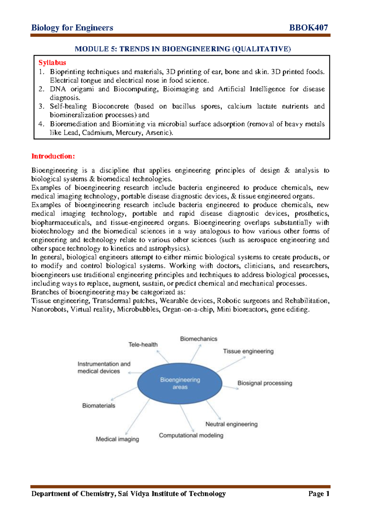 Biology for Engineers BBOK407: Module 5 - Trends in Bioengineering ...