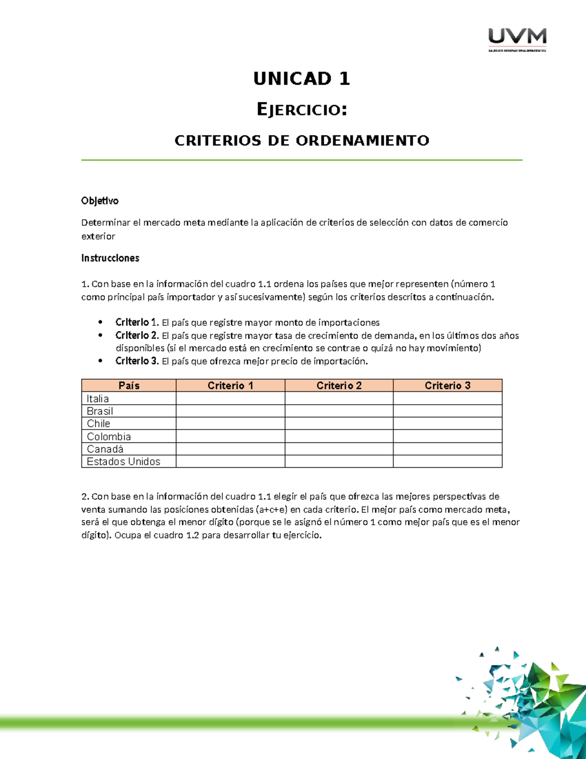 UNICAD 1 Ejercicio: Criterios de Ordenamiento de Mercados - Studocu