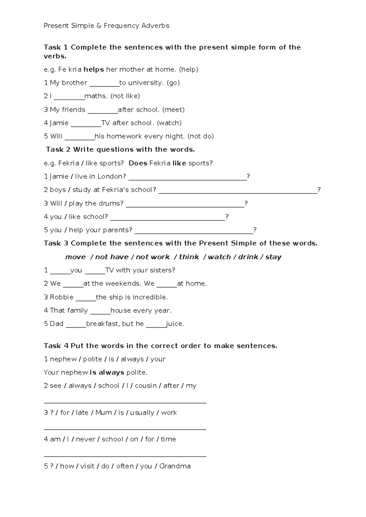 Present Simple & Adverbs of Frequency: Practice Exercises - Studocu