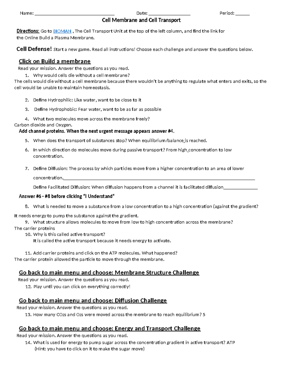BIOMAN Cell Membrane & Transport Challenges - Work 10 17 - Studocu