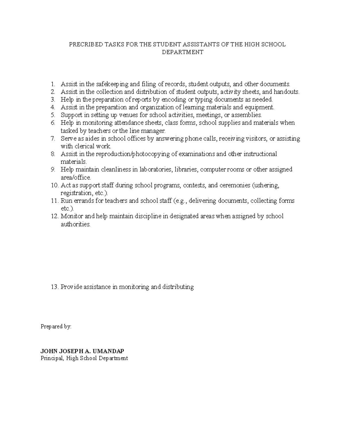 Prescribed Tasks for Student Assistants in High School Dept. - Studocu