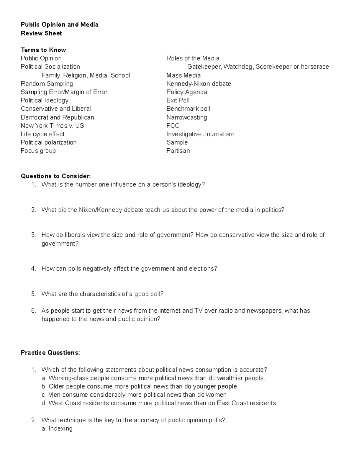 Public Opinion & Media Review Sheet (SOC101) 2023 - Studocu