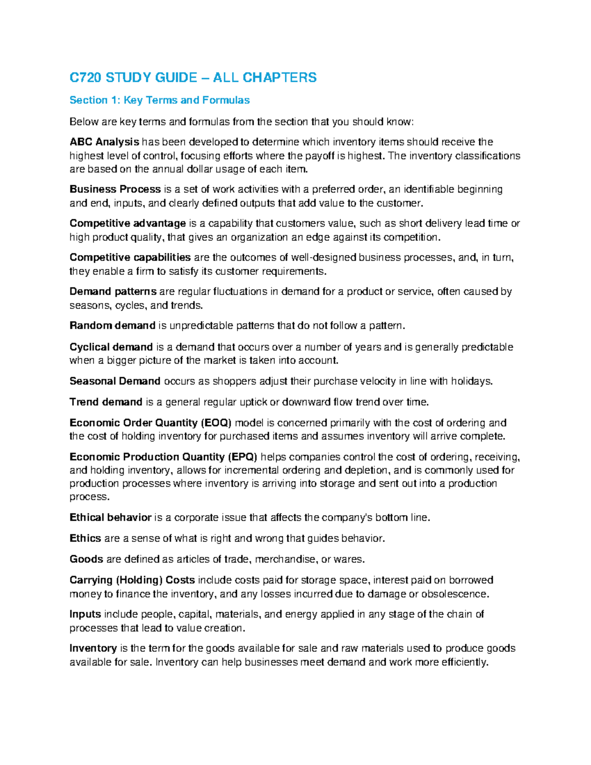 C720 Study Guide: Key Terms and Formulas Overview - Studocu