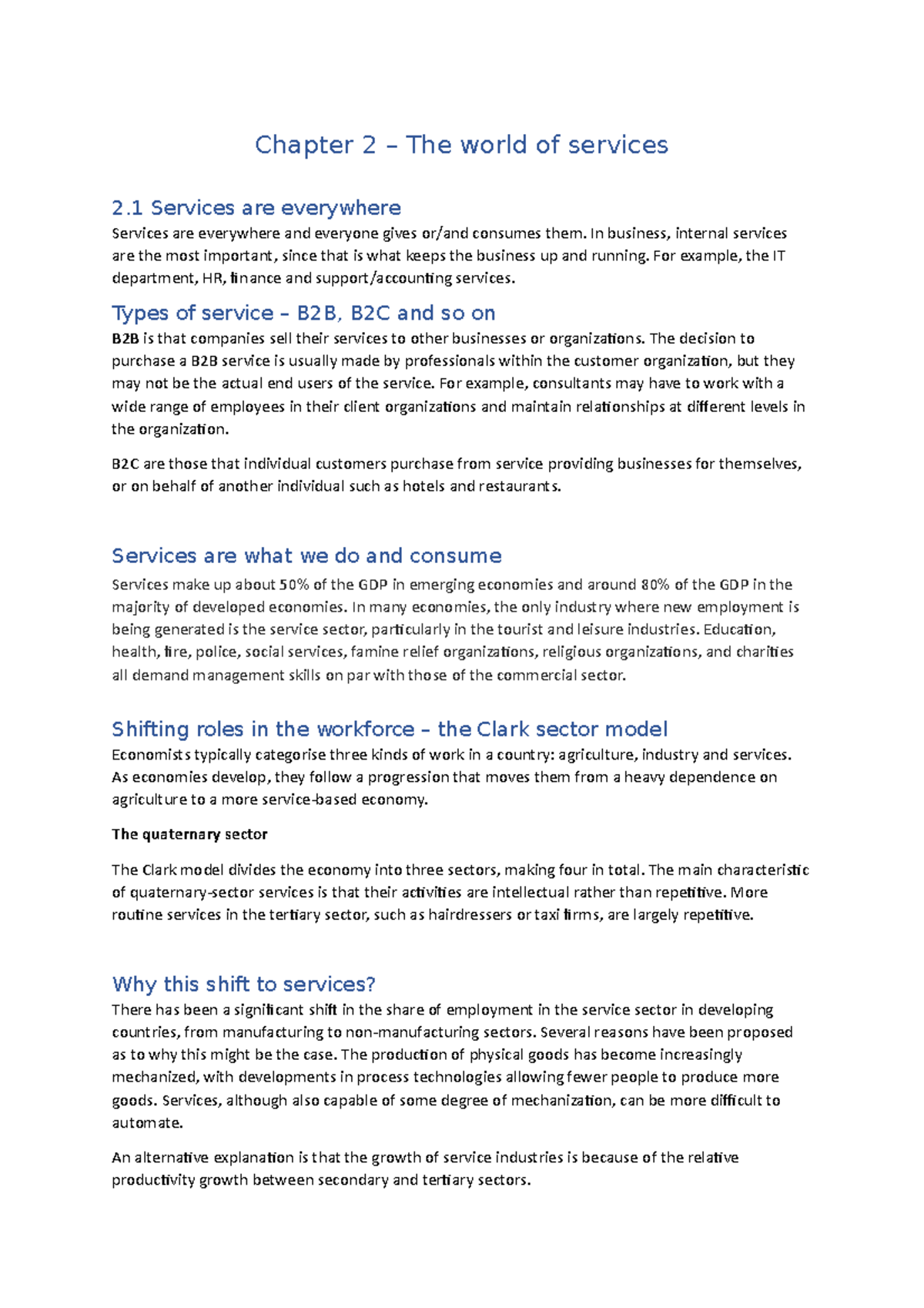 Chapter 2 findings - Summary - Chapter 2 – The world of services 2 ...