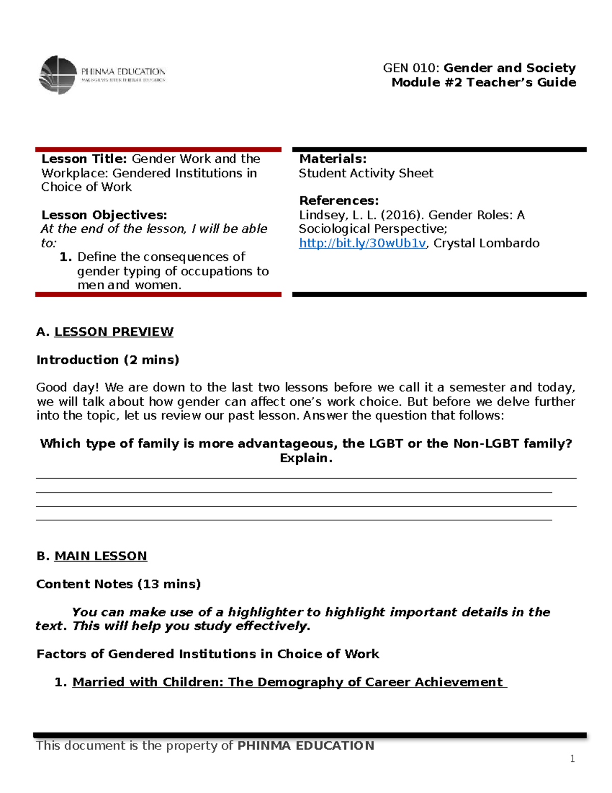 GEN 010: Gender and Society Lesson on Gendered Institutions in Work ...