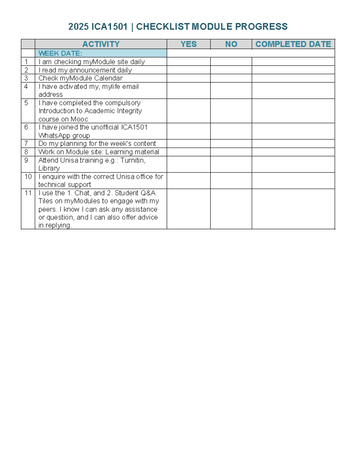 2025 ICA1501 Module Progress Checklist for Student Engagement - Studocu