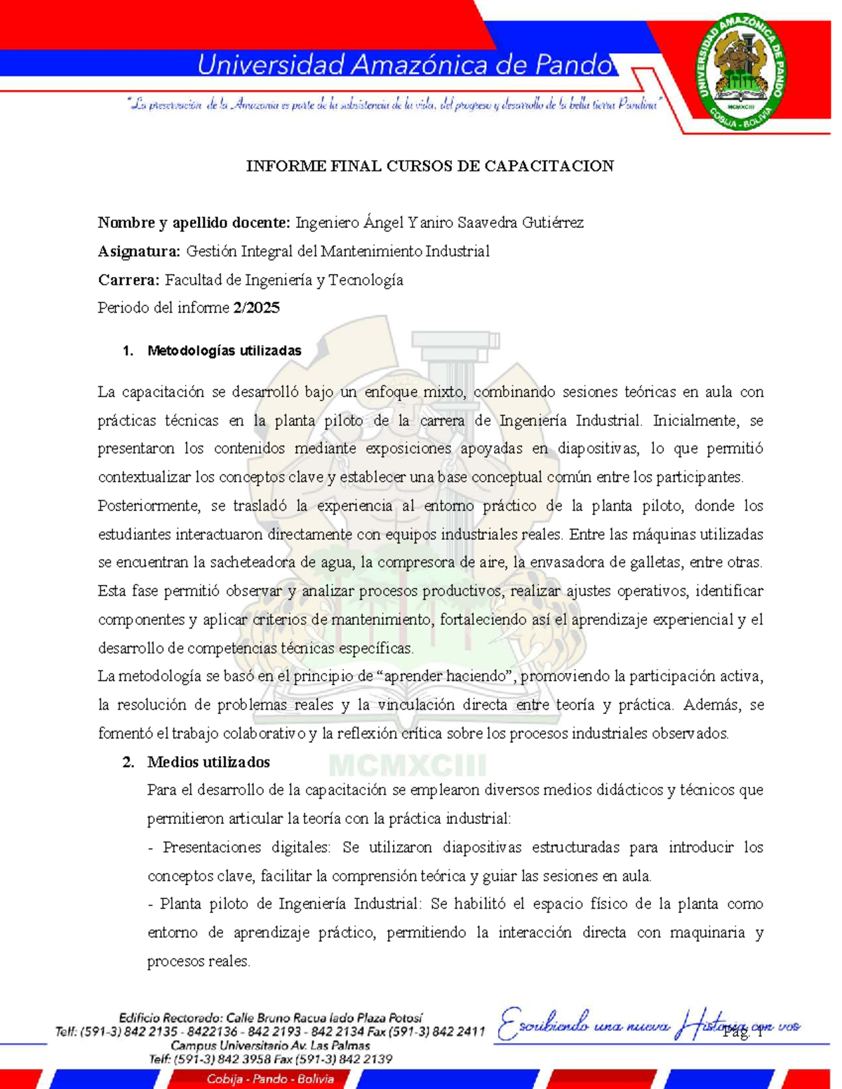 Informe Final de Capacitación en Gestión Integral del Mantenimiento Industrial - - Studocu