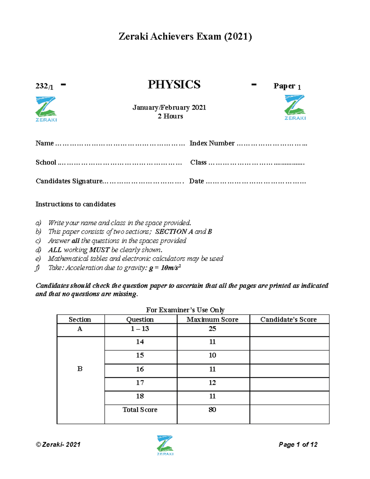 Physics Form 3 - January/February 2021 - Paper 1 Exam Answers - Studocu
