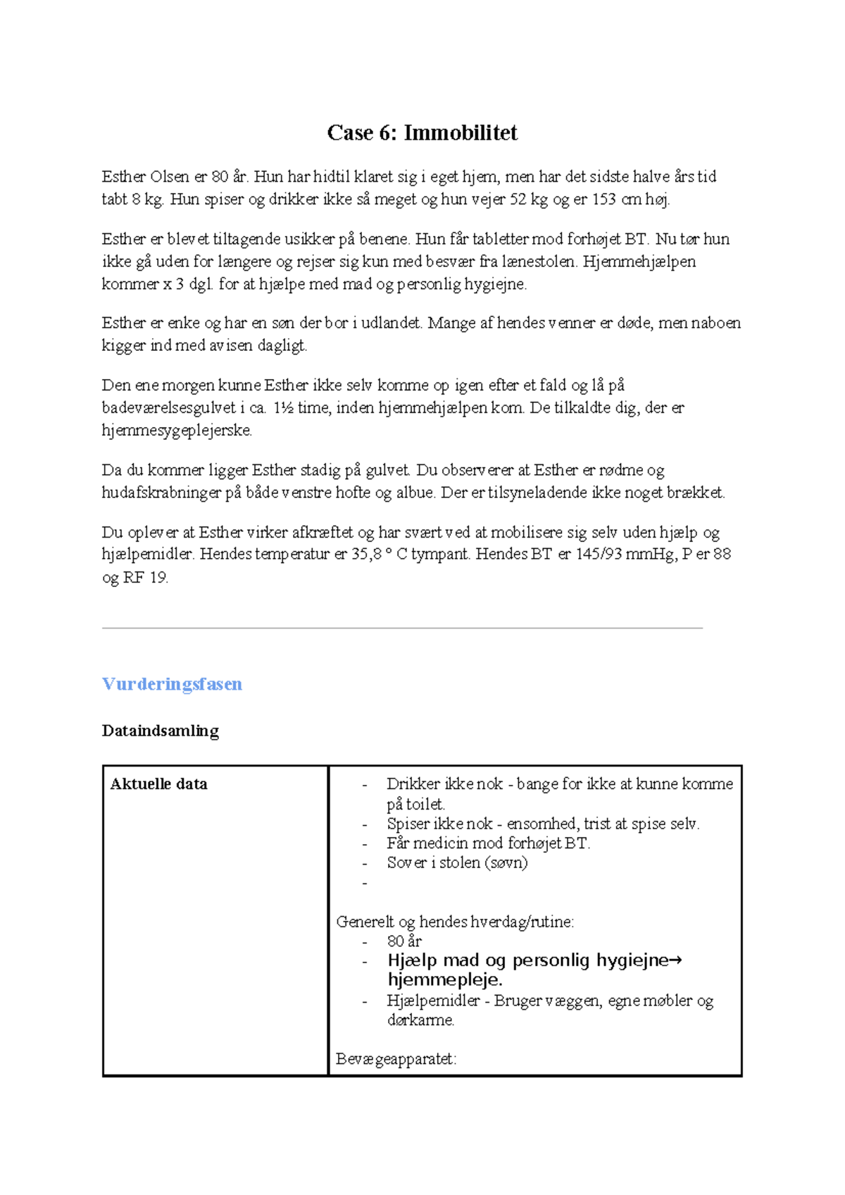 Case 6: Immobilitet hos Esther Olsen - Sygeplejeanalyse og ...