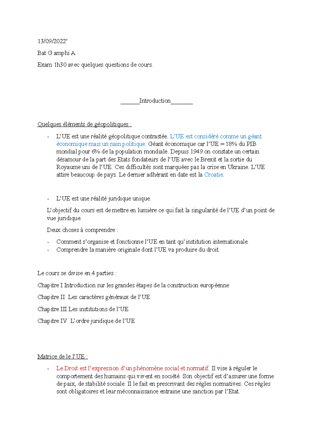 Droit UE CM - cours magistral - 13/09/2022’ Bat G amphi A Exam 1h30 ...