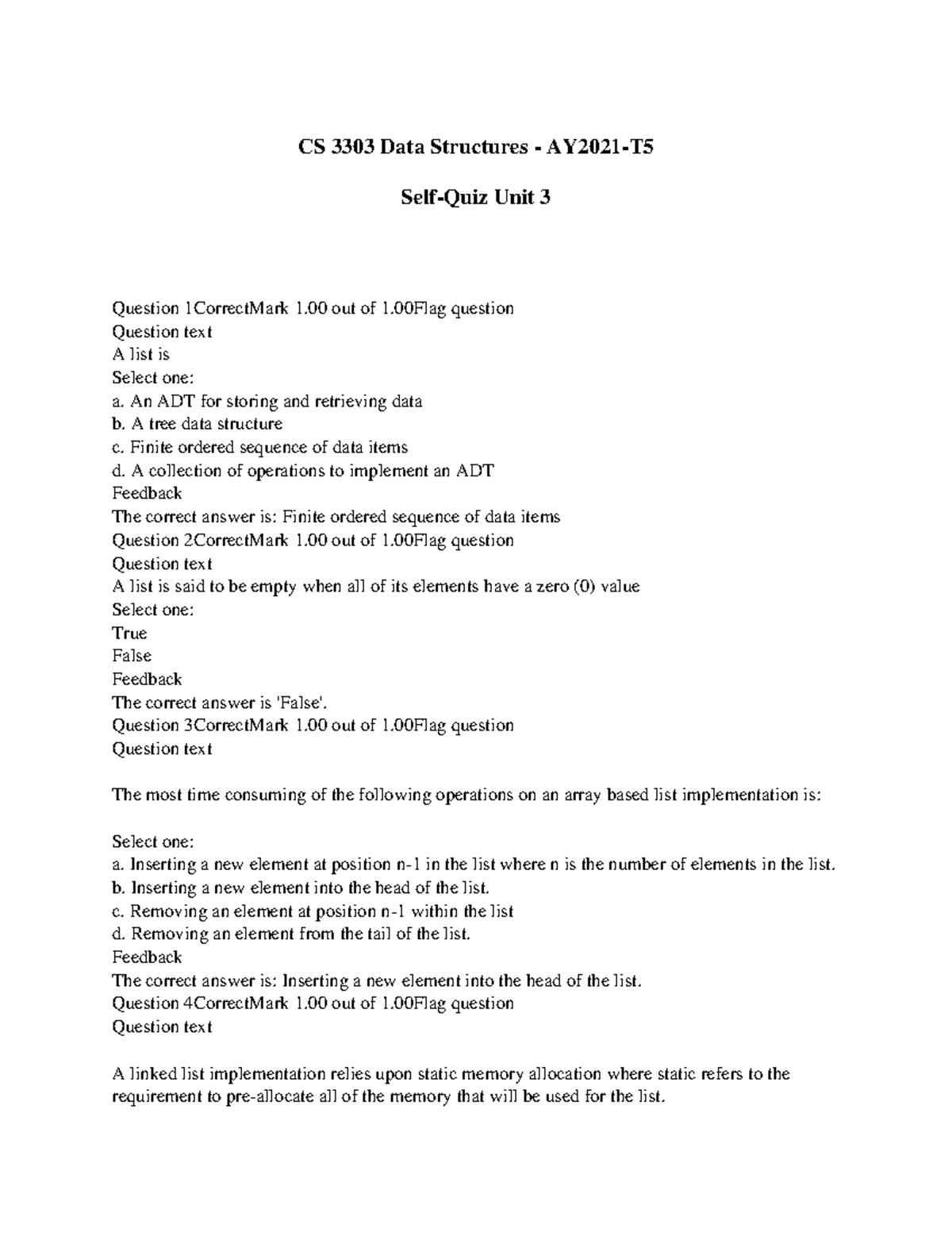 CS 3303 Data Structures - AY2021-T5 - Self-Quiz Unit 3 - CS 3303 Data Structures - AY2021-T ...