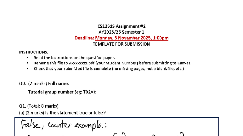 Cs1231s Assignment 2 Submission Template Semester 1 Studocu