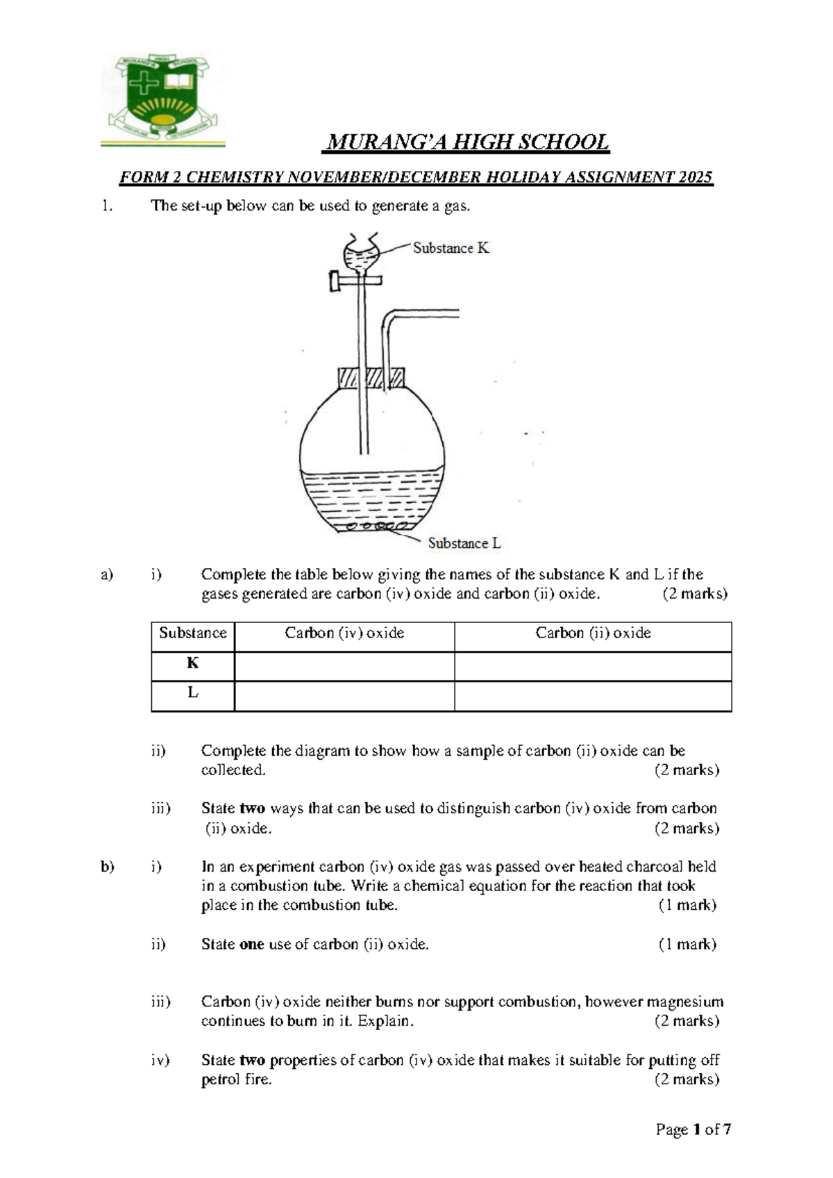HIGH SCHOOL FORM 2 CHEMISTRY HOLIDAY ASSIGNMENT 2025 - Studocu
