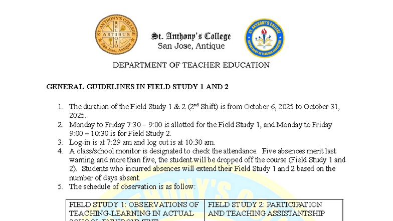 Field Study 1 & 2 Guidelines (2nd Shift) - Oct 2025 - Studocu