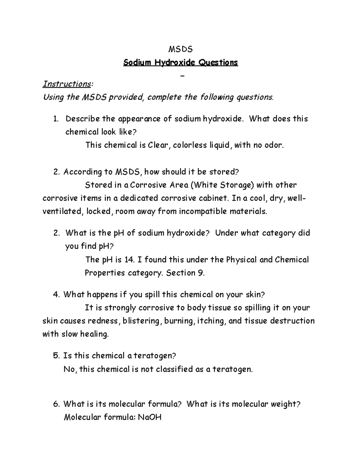 MSDS Sodium Hydroxide Worksheet: Key Questions & Answers - Studocu