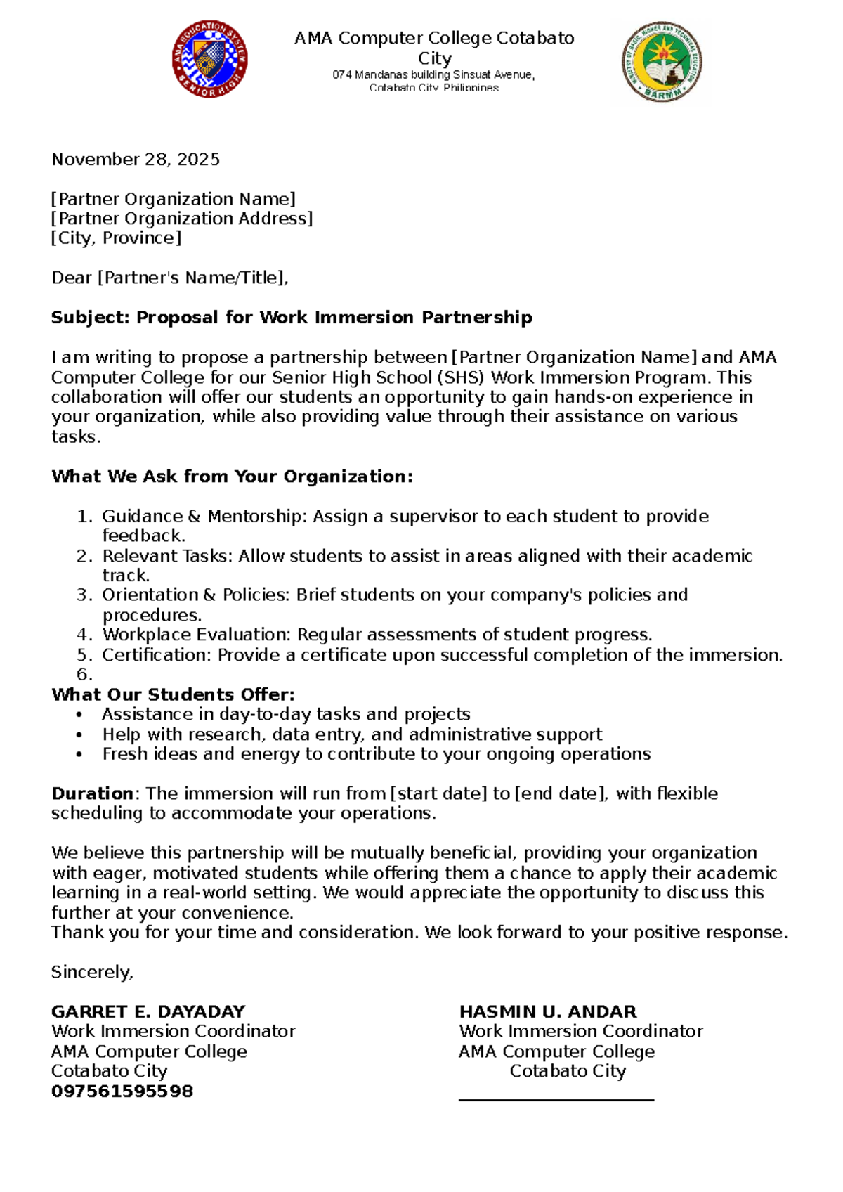 Proposal for Work Immersion Partnership - AMA Computer College - Studocu