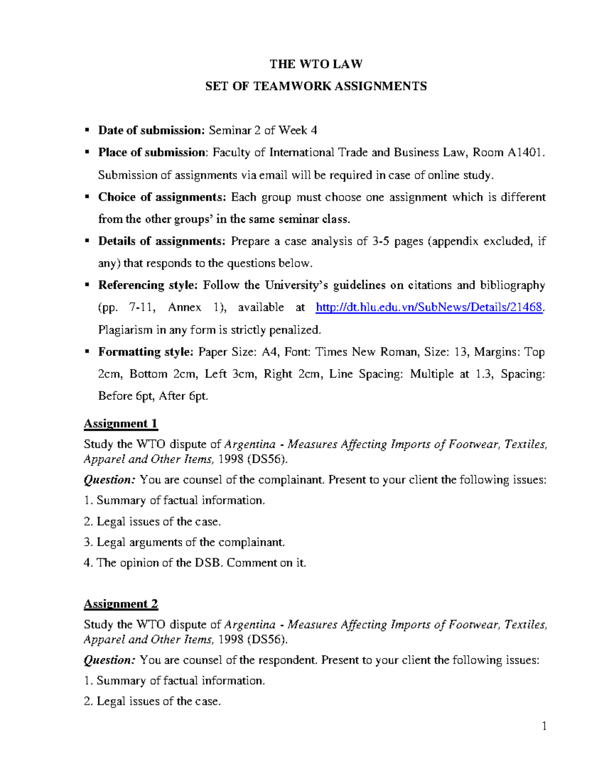 WTO-Law K46-NNA Set-of-Assignments 21Oct2024 - THE WTO LAW SET OF ...