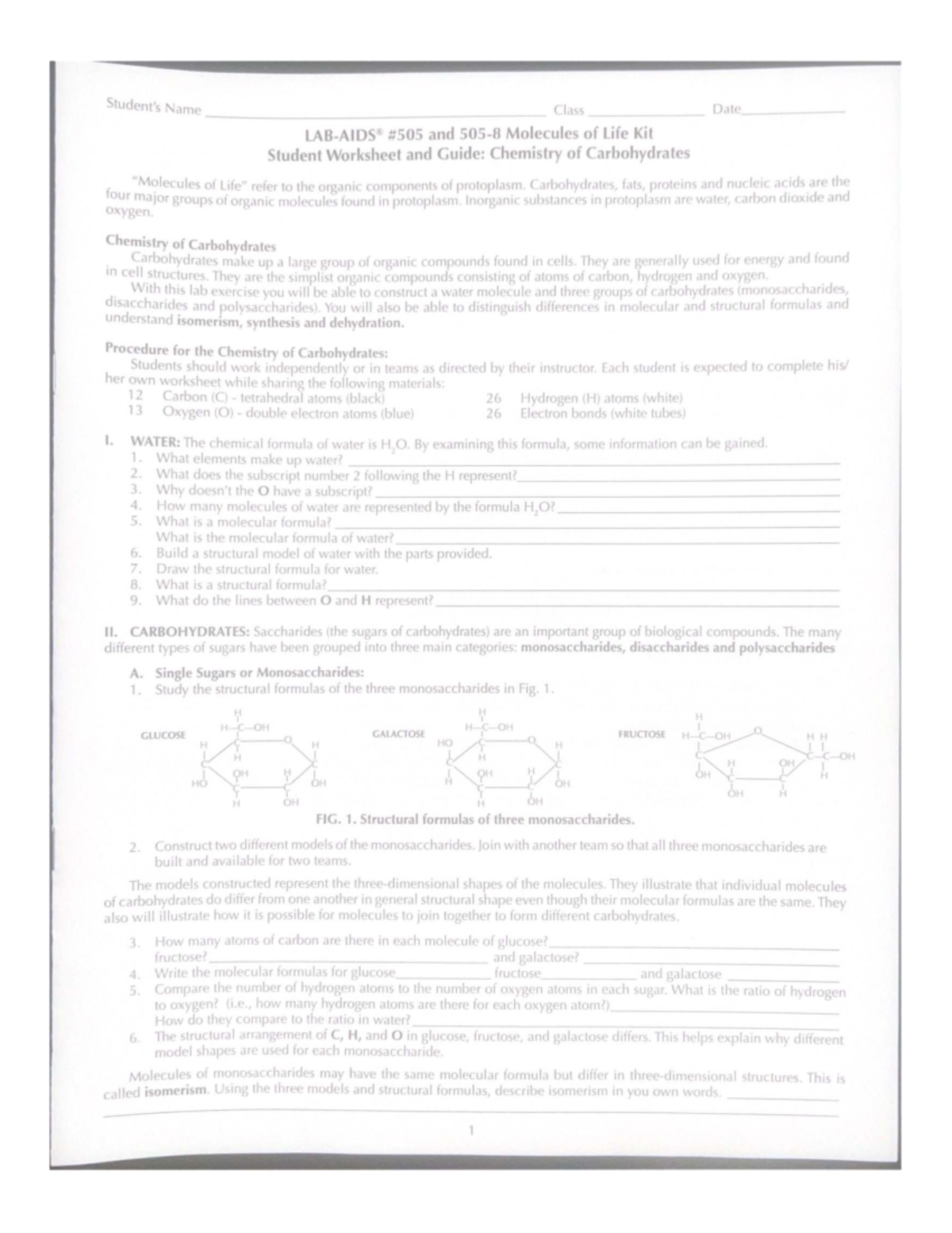 Molecules of Life Kit: Student Worksheet for Chemistry of Carbohydrates ...