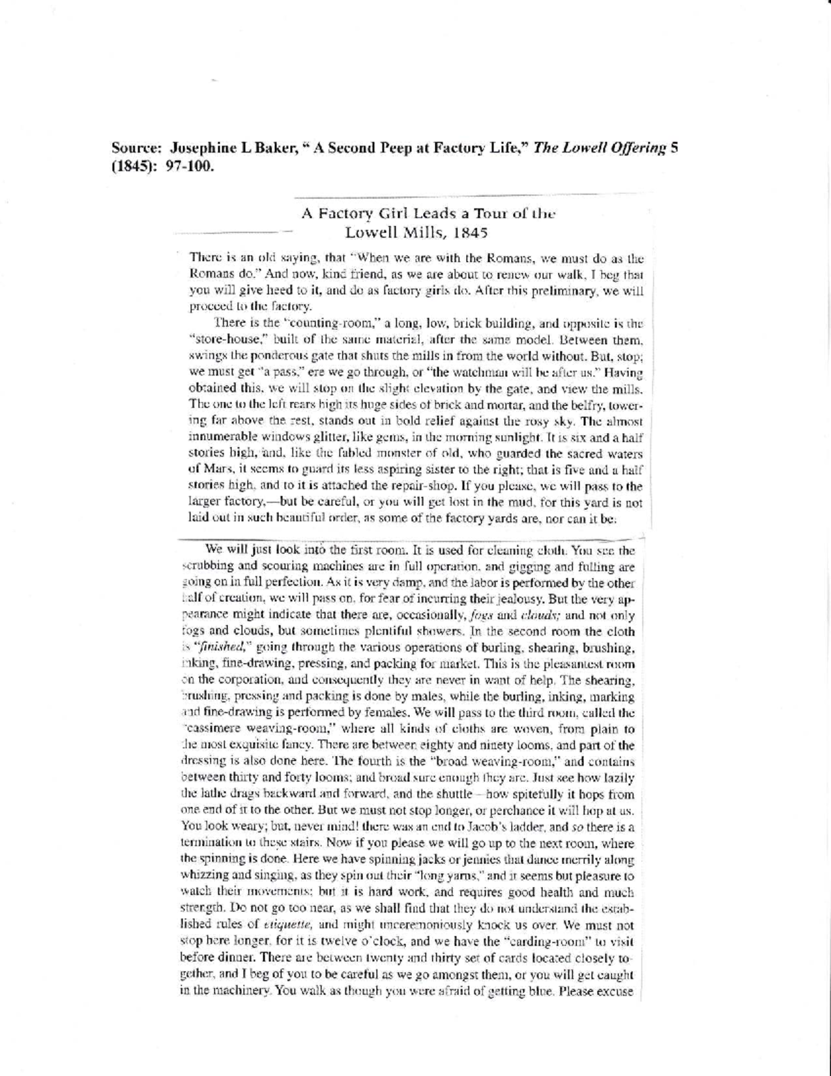 Baker Primary Source: A Factory Girl's Tour of Lowell Mills - Studocu