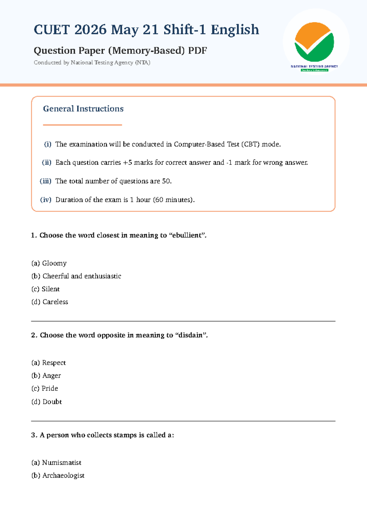 CUET 2026 May 21 Shift 1 English Question Paper PDF - Studocu