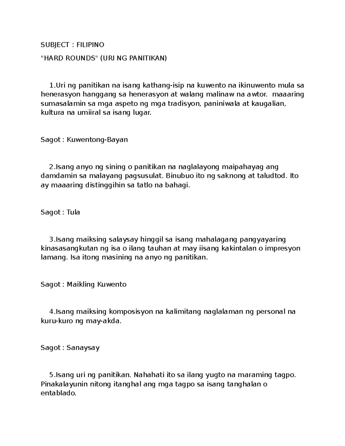 Filipino - Notes - SUBJECT : FILIPINO "HARD ROUNDS" (URI NG PANITIKAN ...