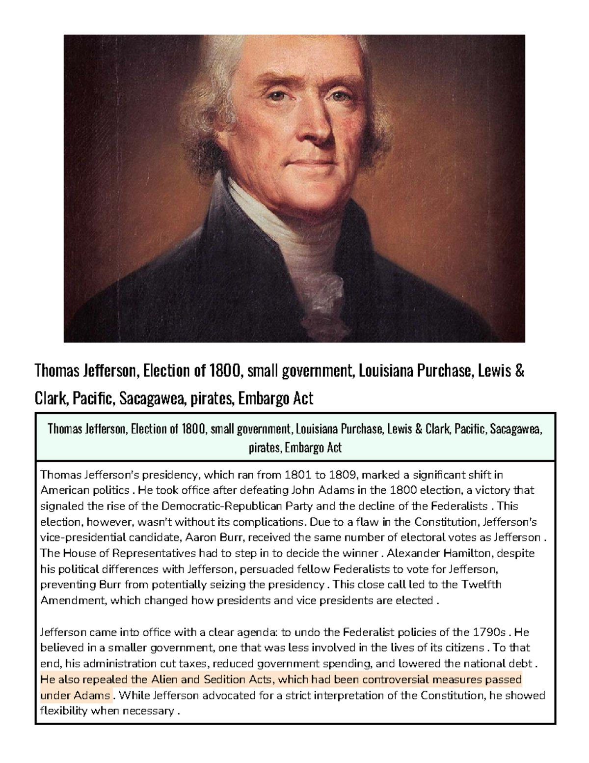 Thomas Jefferson's Presidency: The Election of 1800 and Major Policies ...