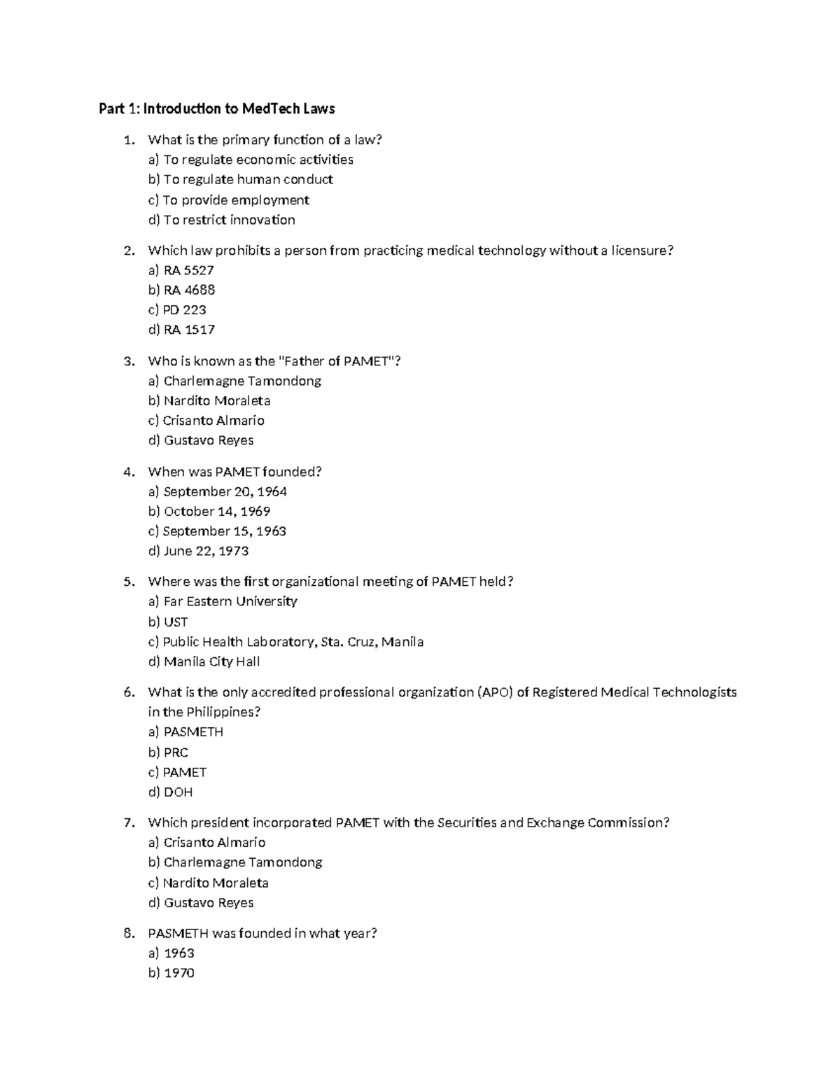 MedTech Laws Quiz 1 - Comprehensive Practice Questions and Answers ...