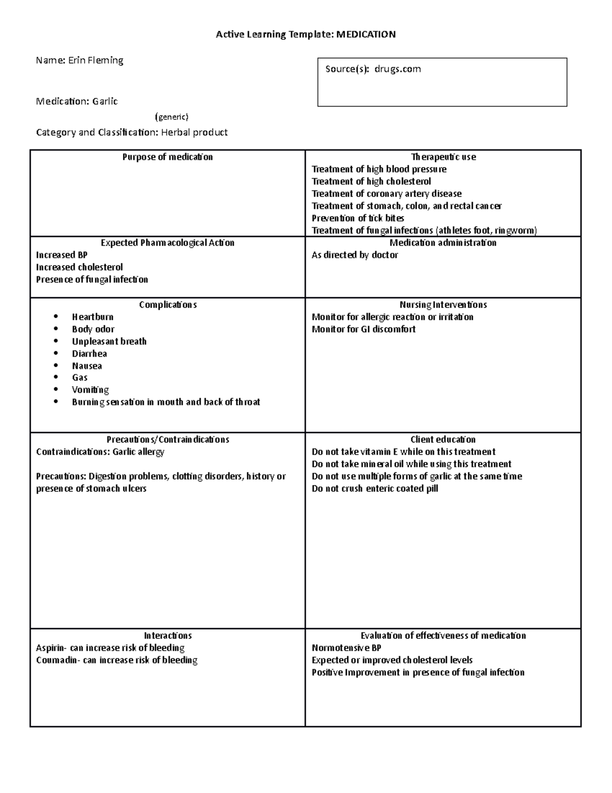 Active Learning Template: Medication Use of Garlic (Herbal) - Studocu