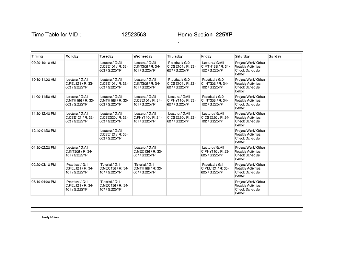 Time Table for CSE101, INT306, MTH166, PEL121, MEC136 Courses - Studocu