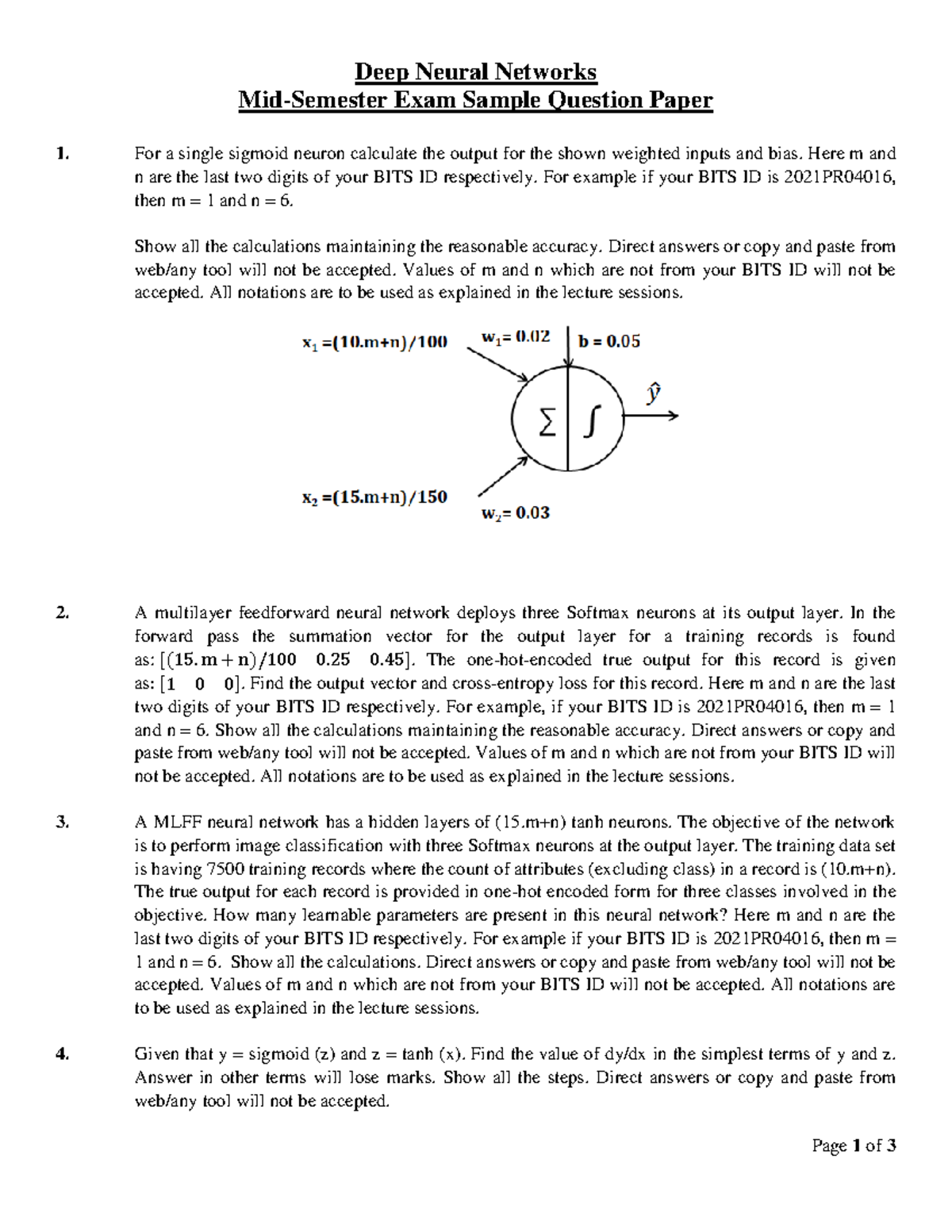 Mid-Sem Sample QP - Deep Neural Networks (DNN) Exam Questions - Studocu
