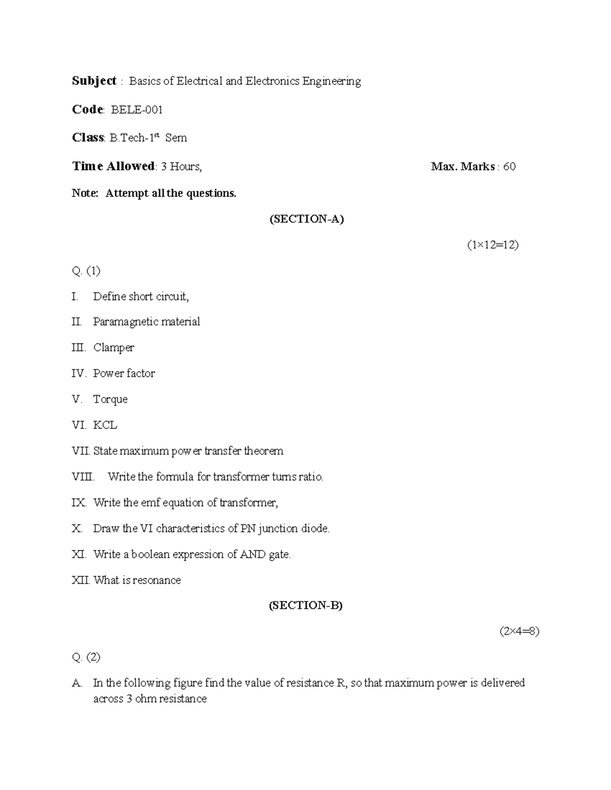 Basics of Electrical & Electronics Engineering (Set 2) - Exam Qs - Studocu